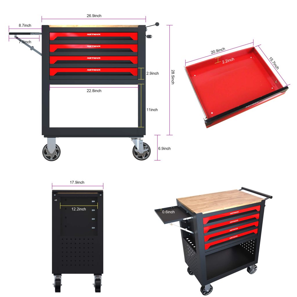Tool Cart with Drawers and Wood Top for Garage & Workshop | ARTMAN